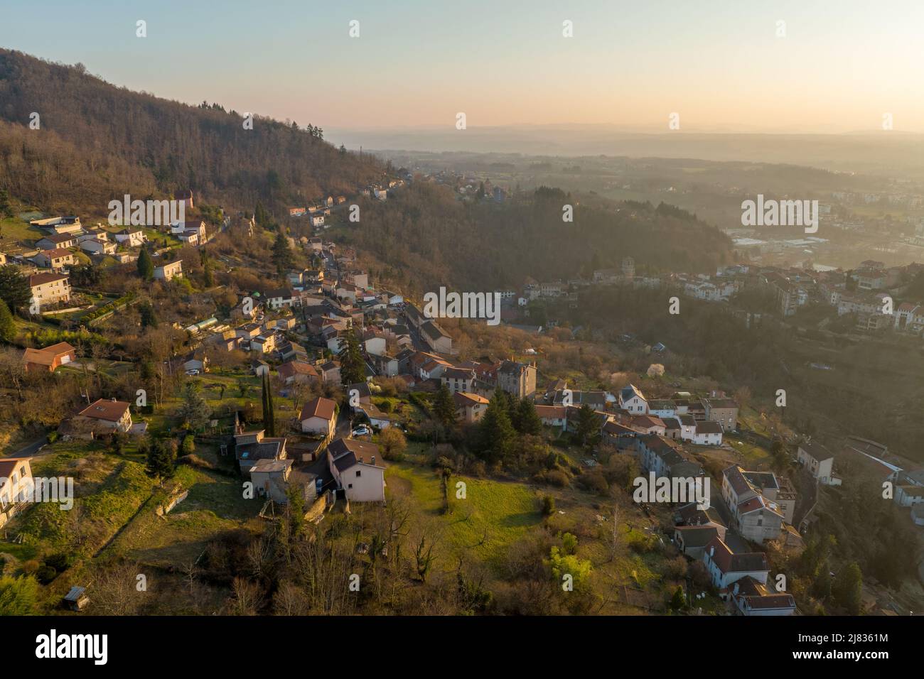 Aerial view of dense historic center of Thiers town in Puy-de-Dome department, Auvergne-Rhone ...