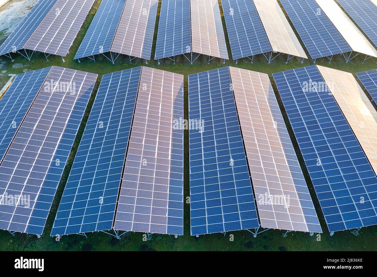 Aerial view of large sustainable electrical power plant with rows of solar photovoltaic panels ...