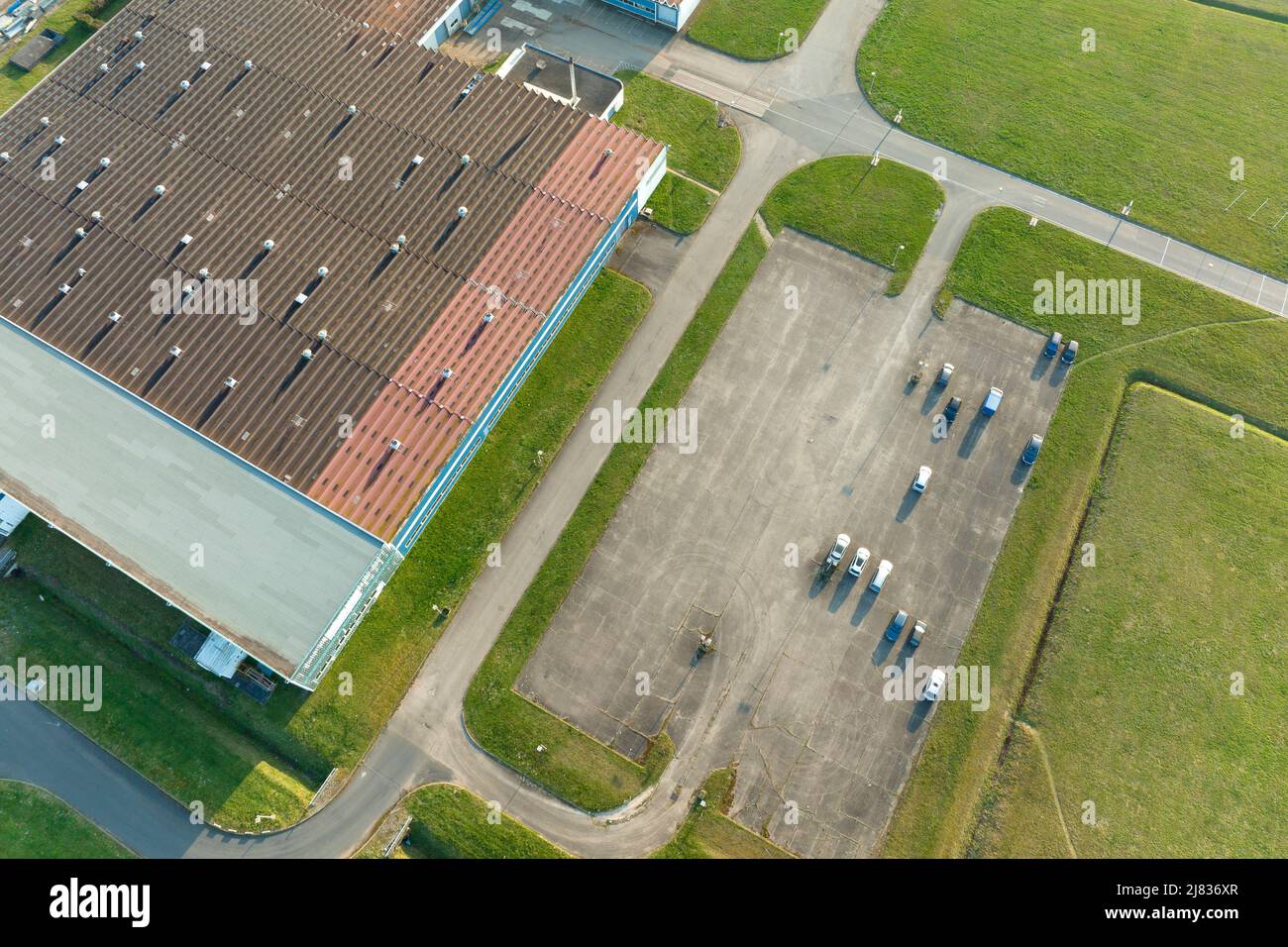 Aerial view of new factory building for producing and shipping of ...