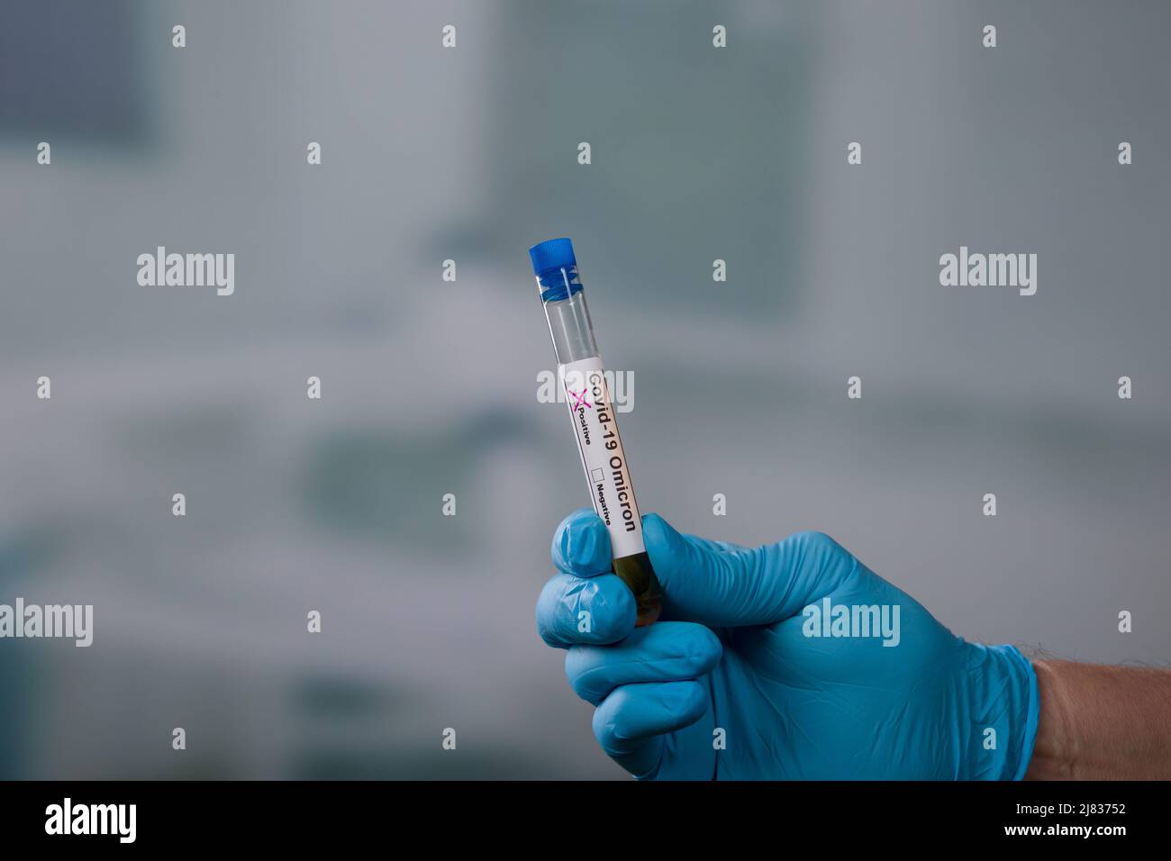 hand in blue gloves holding a test tube after virus analysis with ...