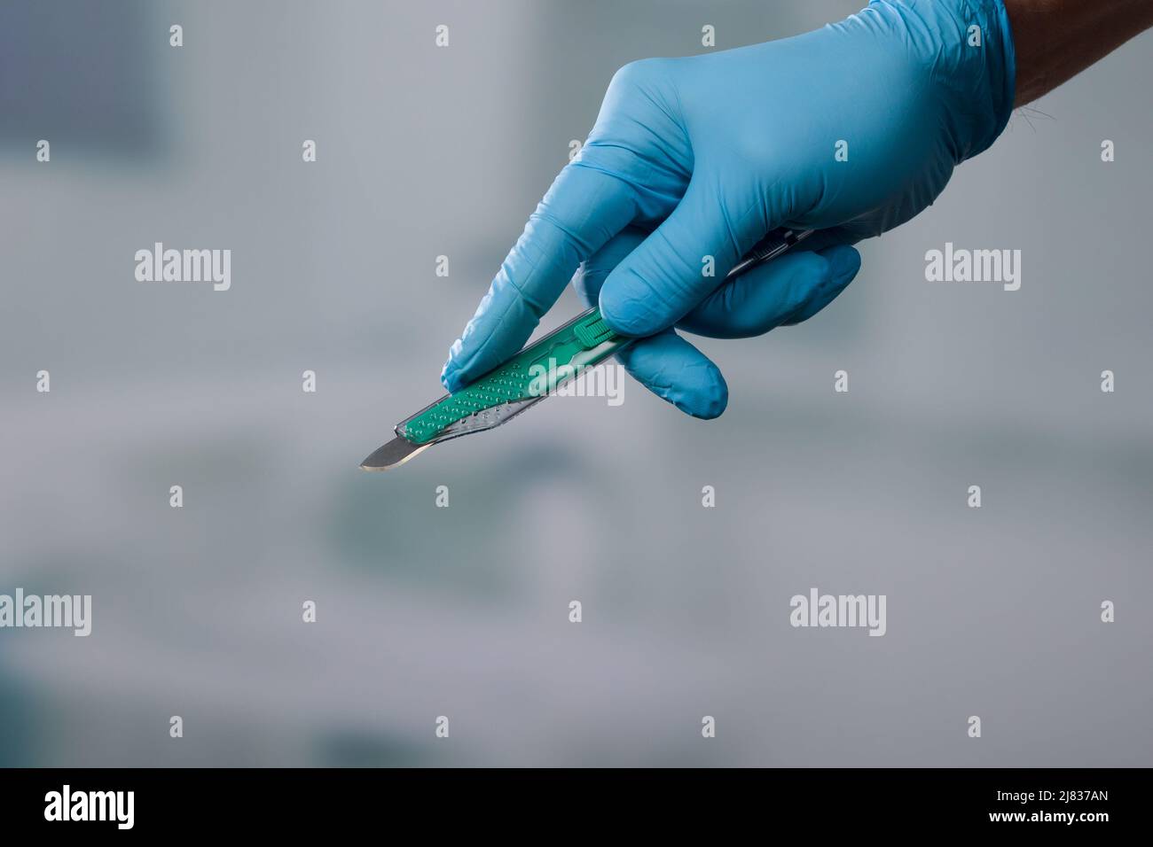 Doctor's hand with a new disposable scalpel in front of a clinic room ...
