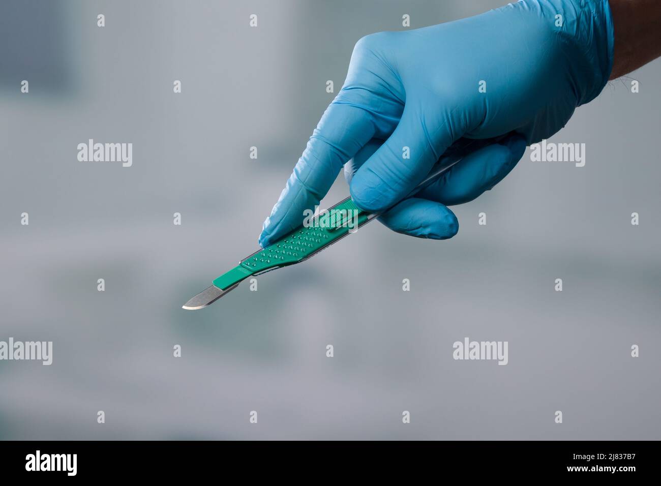 Doctor's hand with a new disposable scalpel in front of a clinic room ...