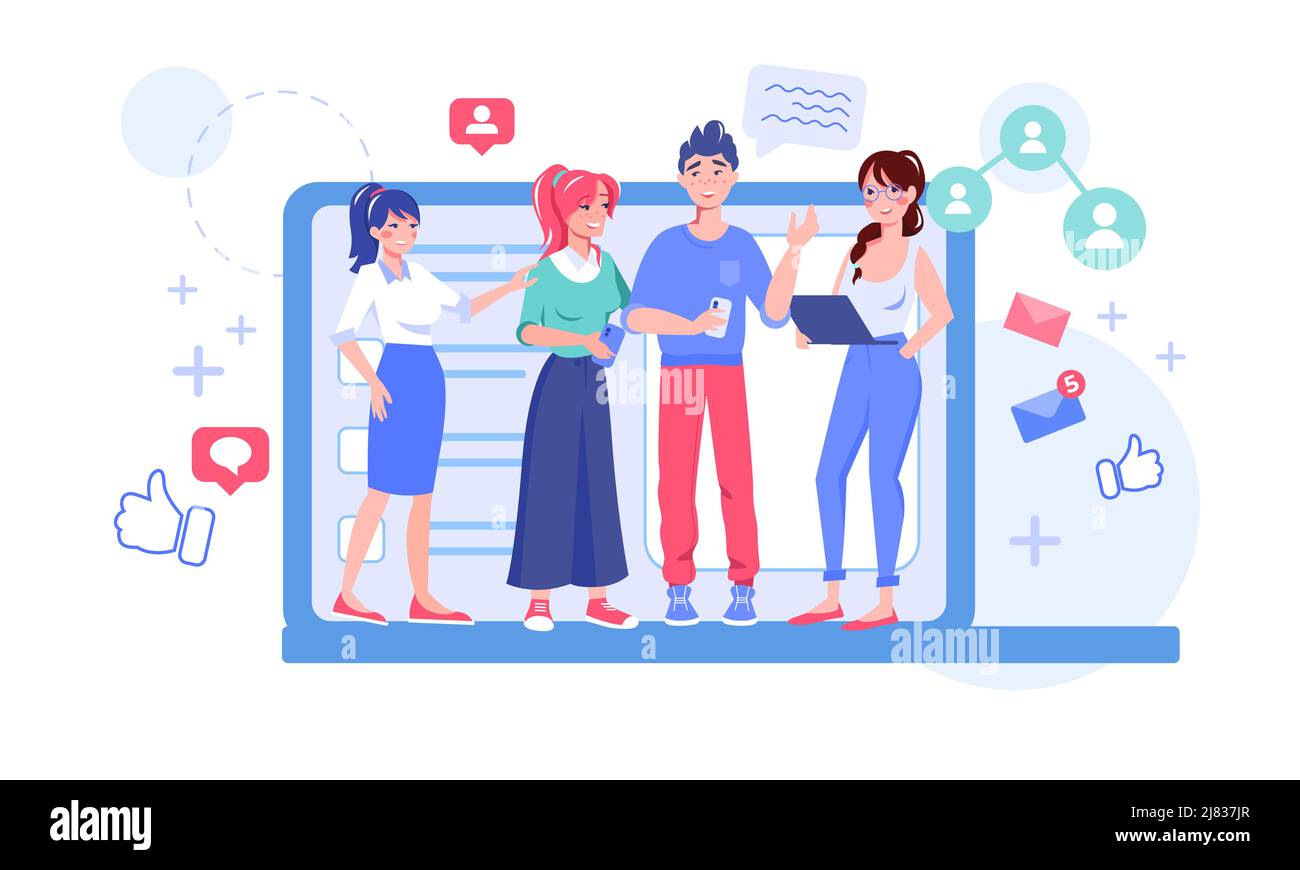 Tiny people standing on laptop talking having coffee break Stock Vector ...