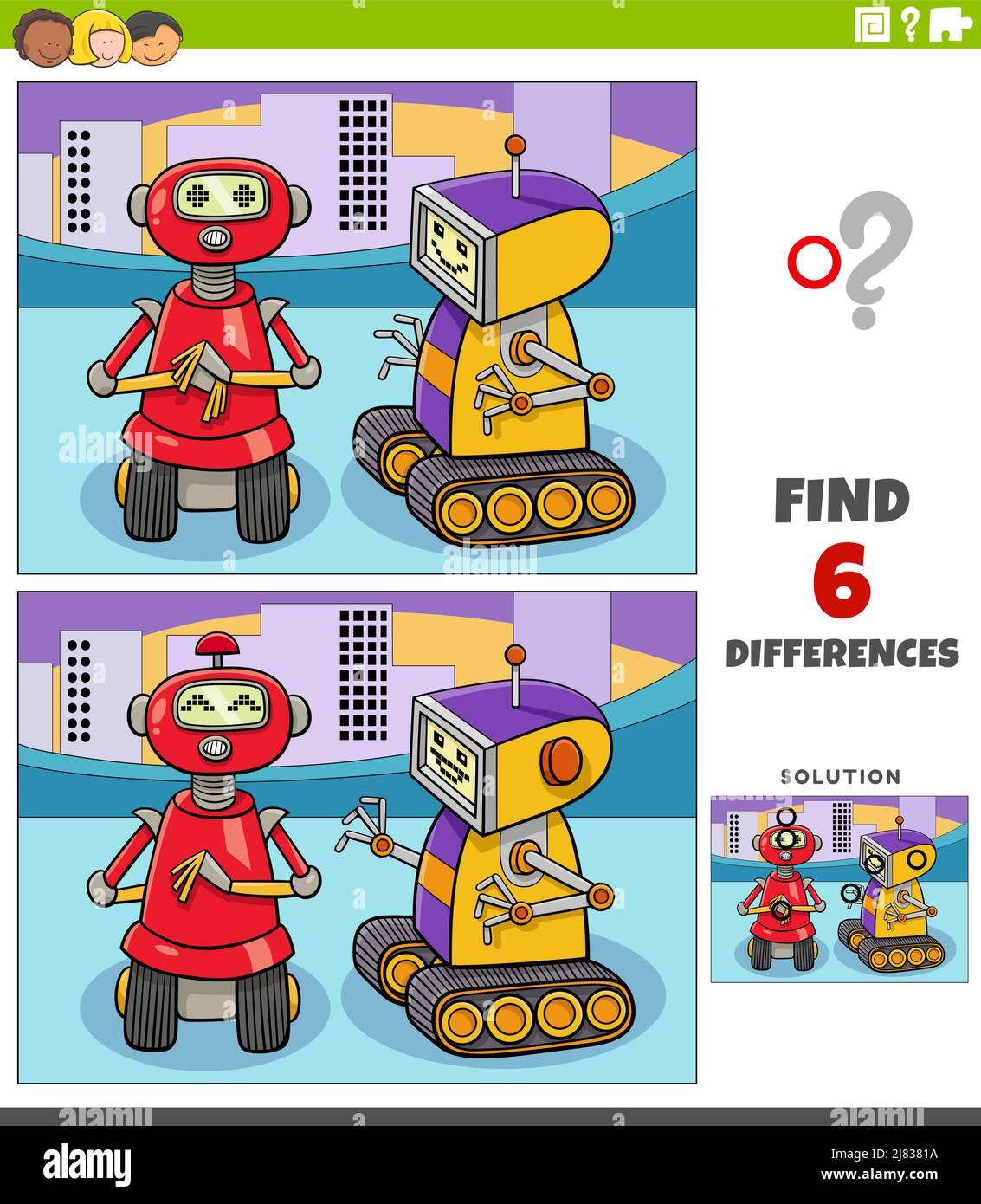 Cartoon illustration of finding the differences between pictures educational game for children ...