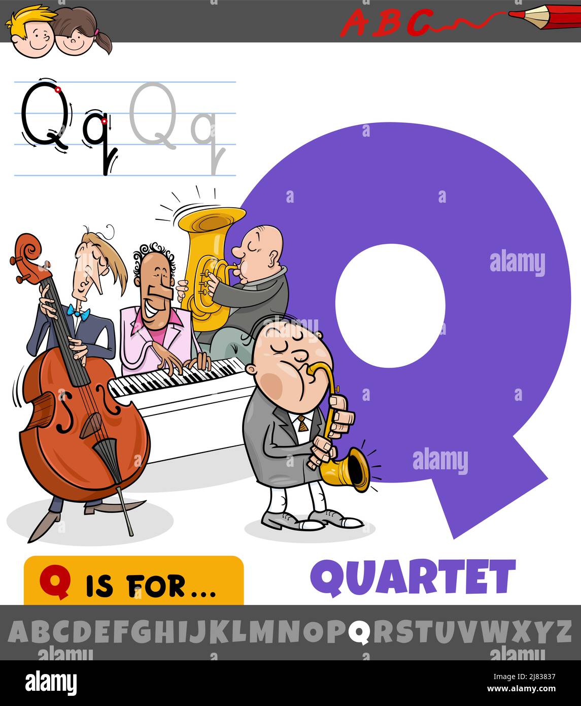 Educational cartoon illustration of letter Q from alphabet with musical ...