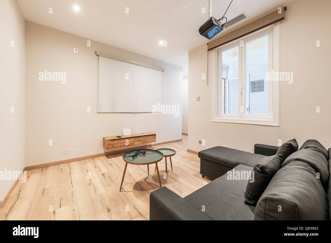 Cinema room with projector, sofa upholstered in dark fabric, 3d glasses ...