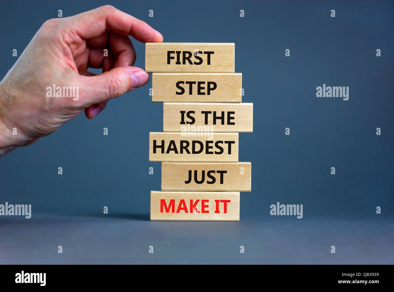 Make first step symbol. Wooden blocks with words First step is the ...