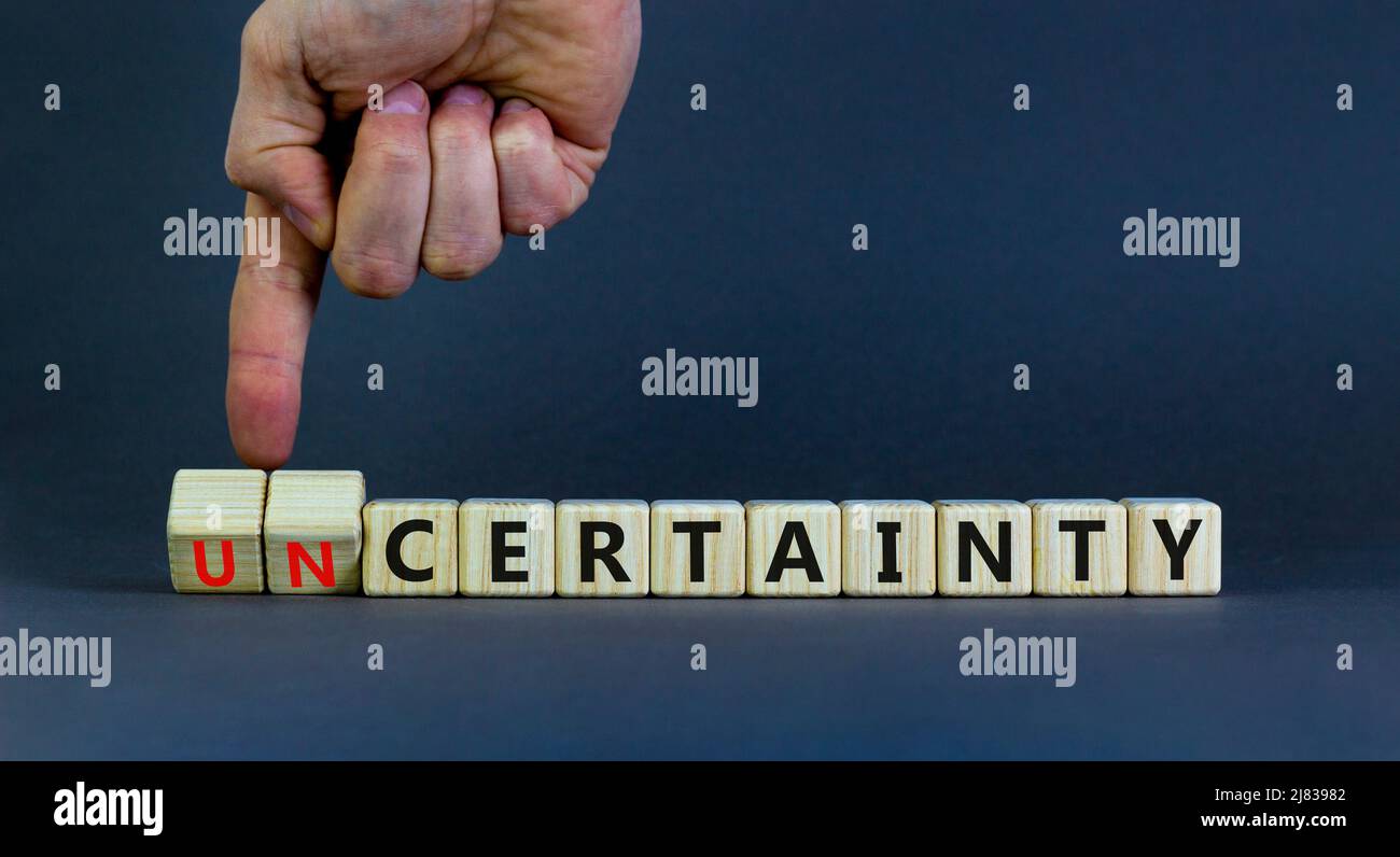 Certainty or Uncertainty symbol. Businessman turns wooden cubes and ...