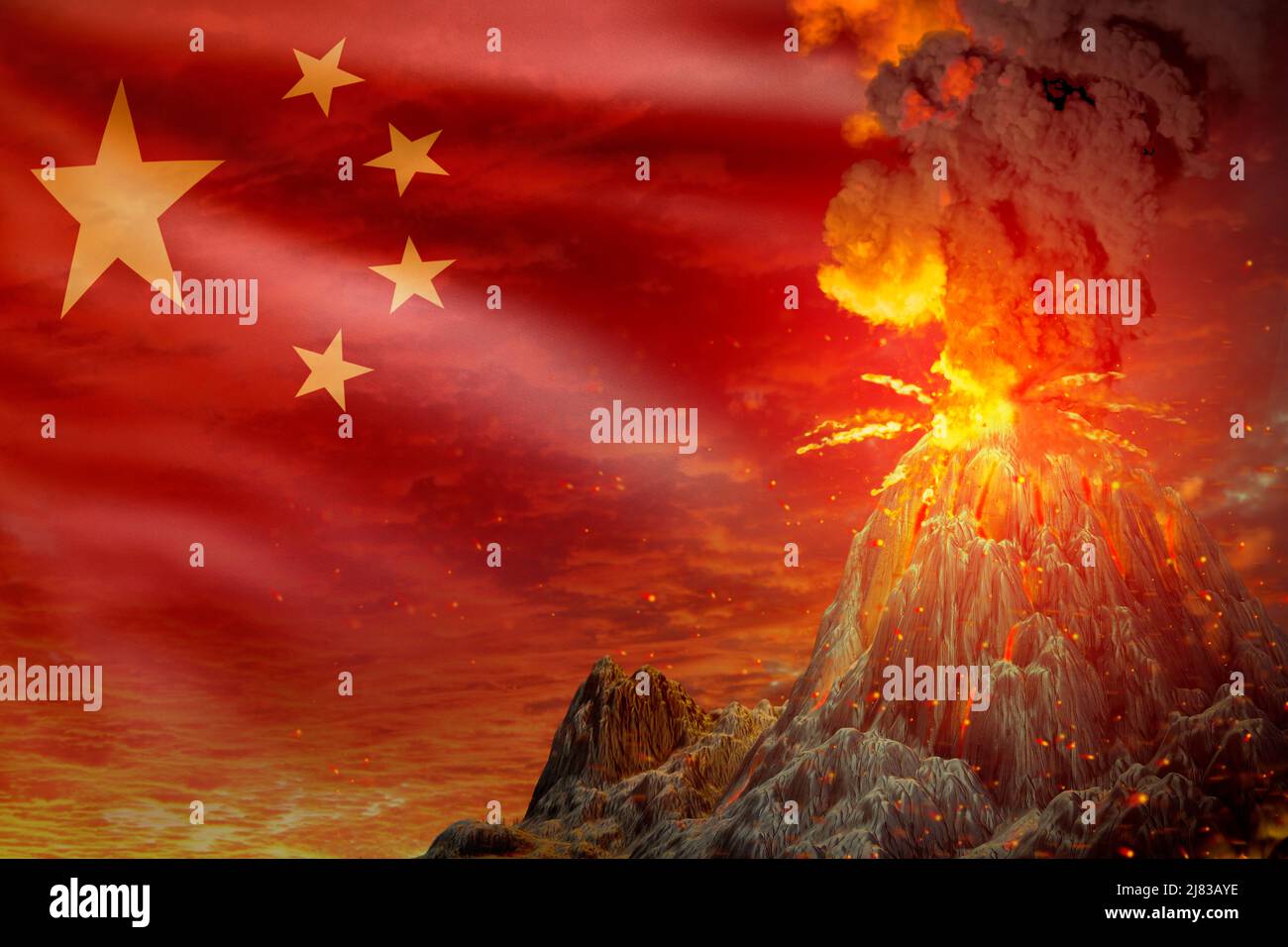 high volcano eruption at night with explosion on China flag background ...