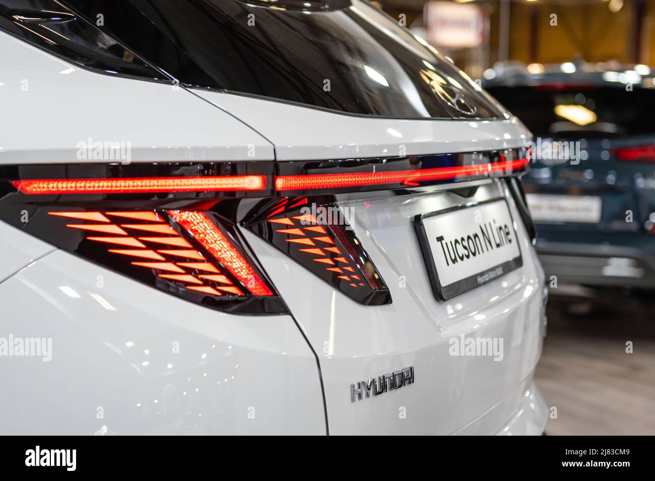 Riga, Latvia, April 29, 2022: LED rear lights and car design closeup of ...