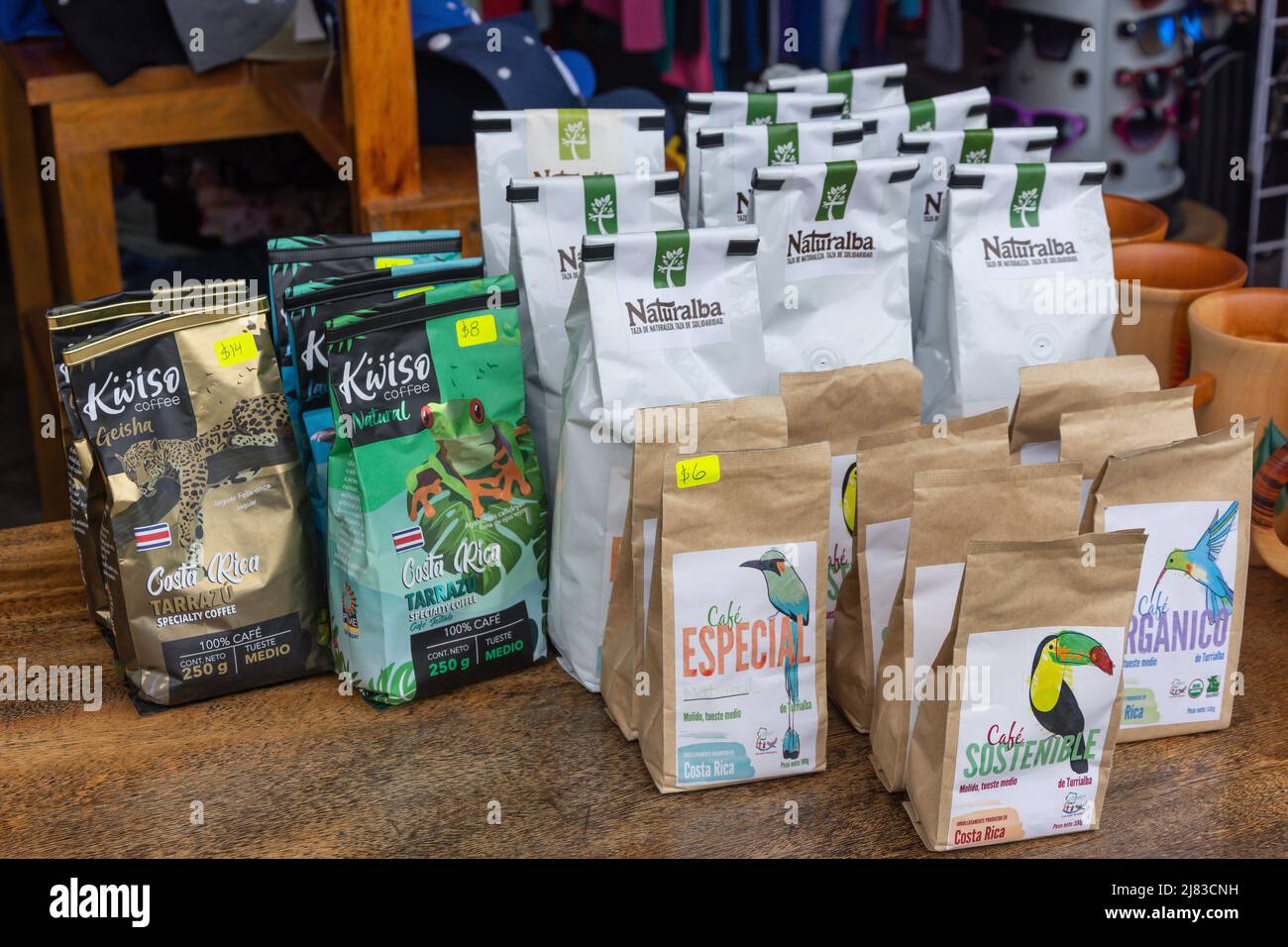 Packets of Costa Rican coffee in souvenir shop, Puerto Viejo de ...