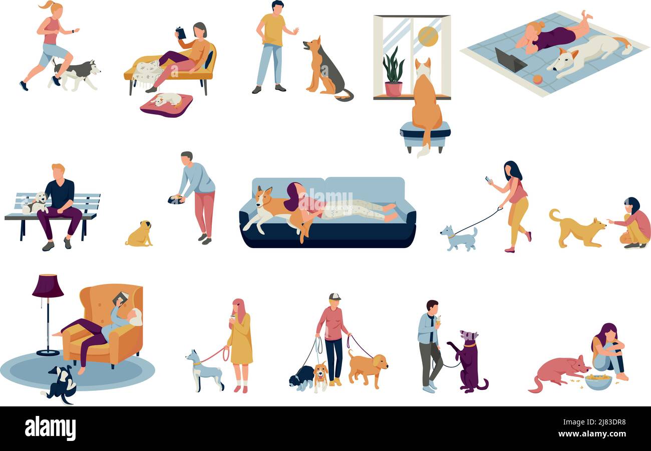 People with dogs collection of flat isolated icons with human ...