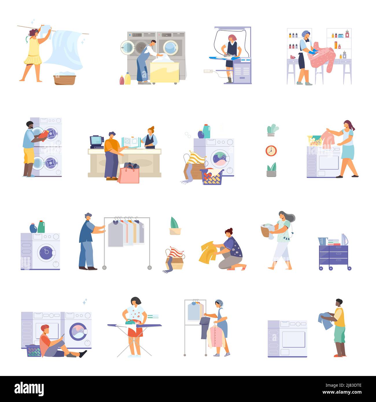 Laundry set with flat icons of clothes and detergents with washing ...