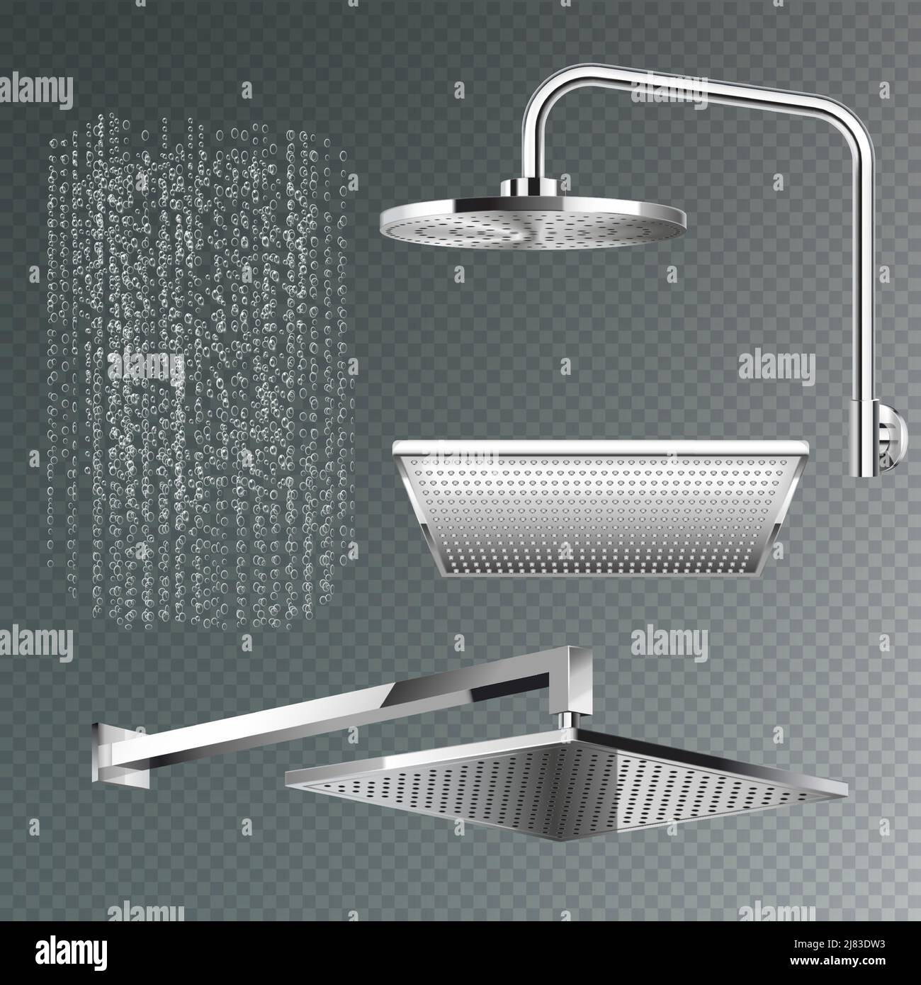 Realistic set of modern shower heads of different shapes on transparent ...