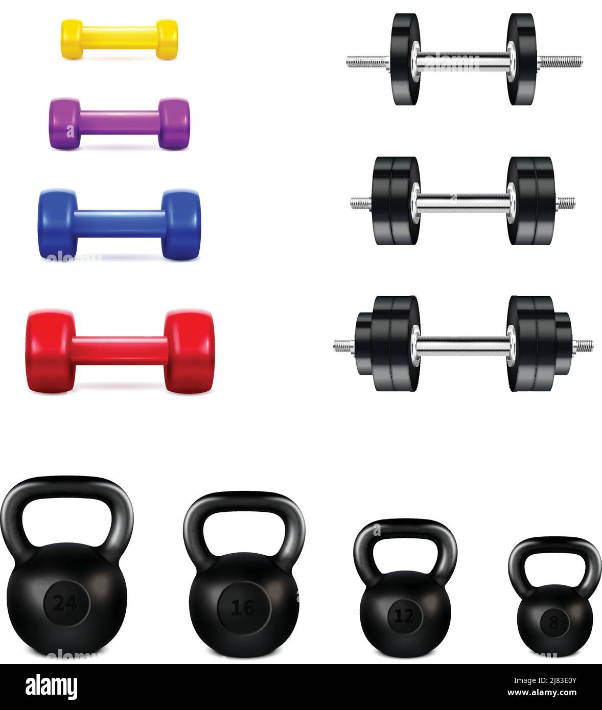 Realistic set of different gym equipment including colorful dumbbells metal kettlebells and ...