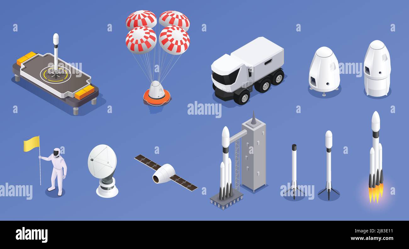 Modern space program set of isometric icons and isolated rocket images ...