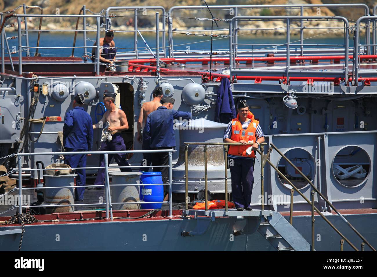 Sevastopol, Crimea - July 25, 2012: Crew or sailors on board of ...