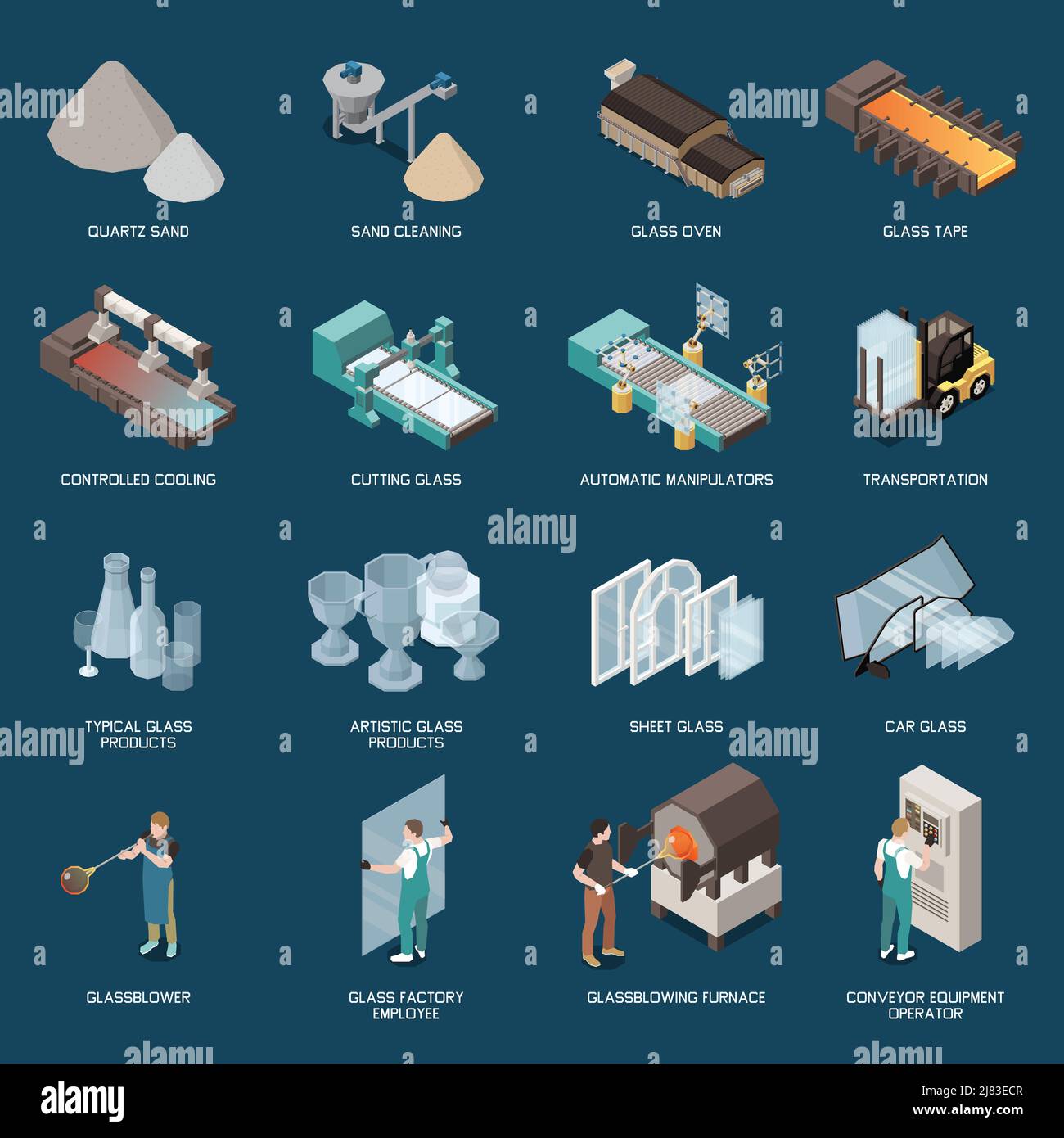 Set of isolated glass production isometric icons with text captions and ...