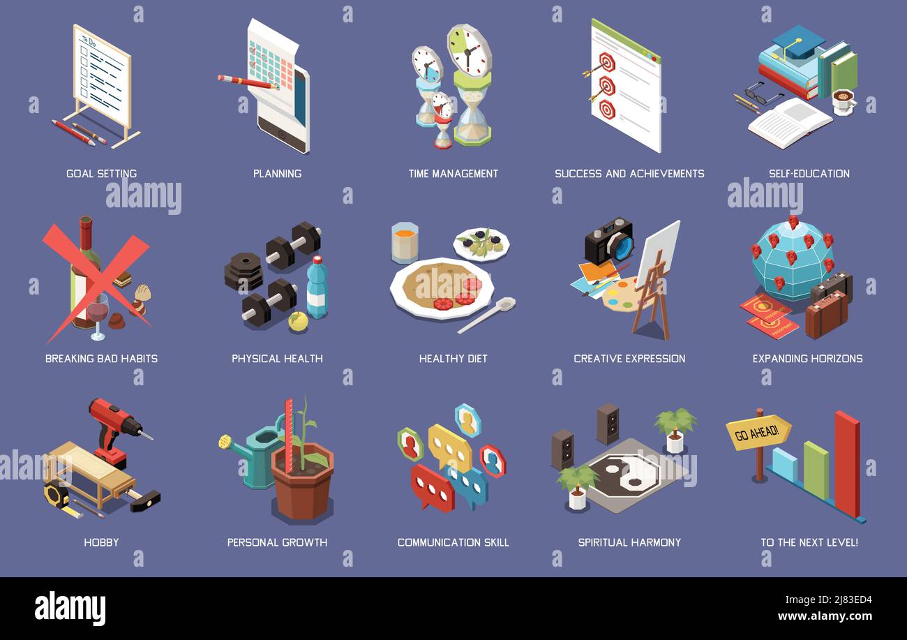 Personal growth self development isometric set of isolated icons with ...