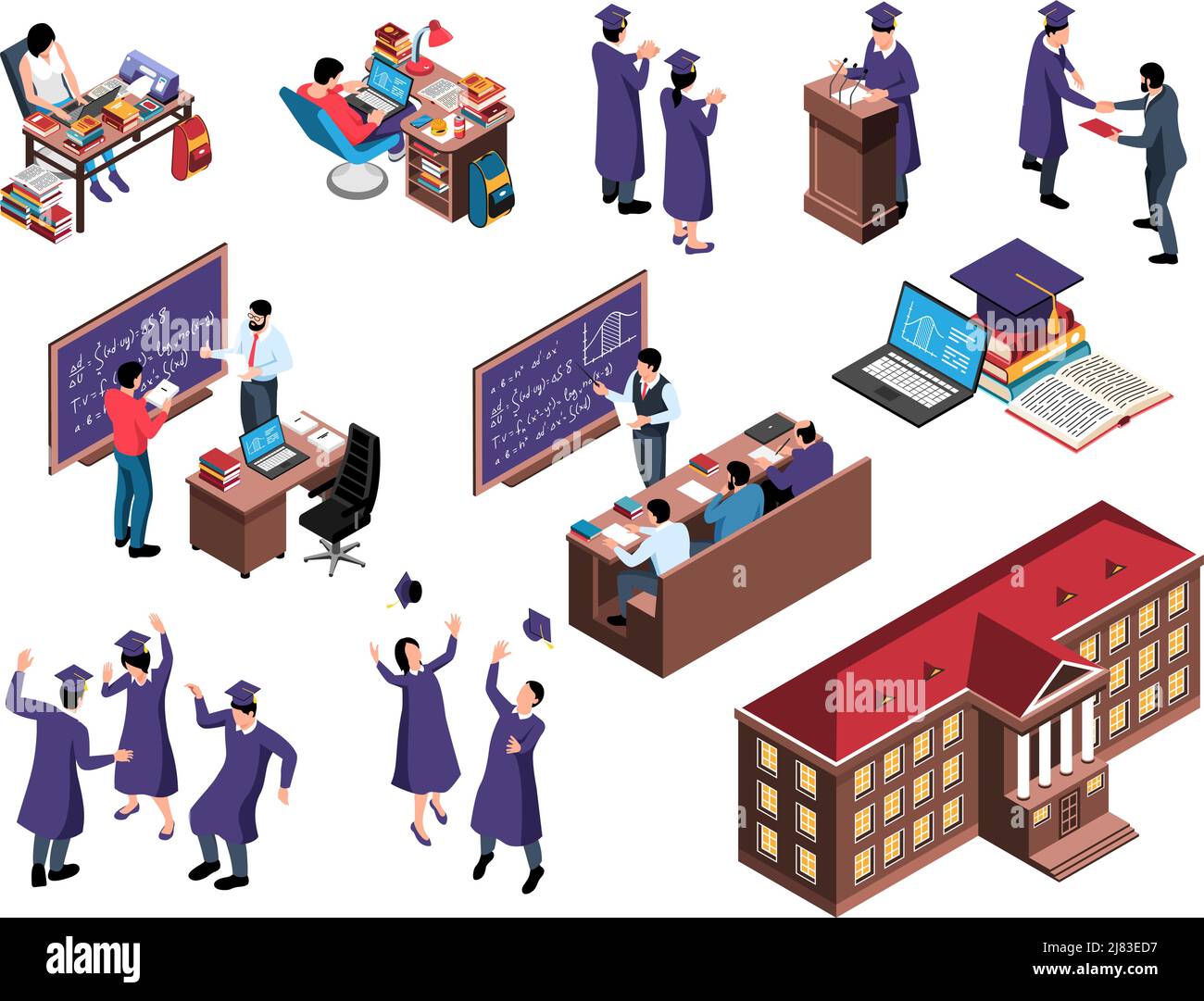 Isometric graduation set with dancing students tossing up academic hats ...
