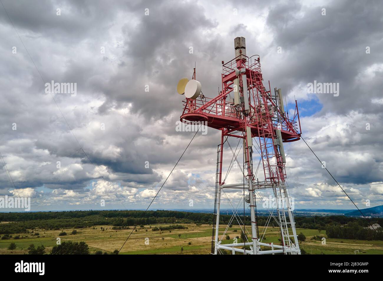 Aerial view of telecommunications cell phone tower with wireless ...