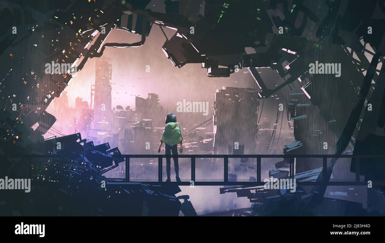 Boy on the bridge looking at the dystopian city outside, digital art ...
