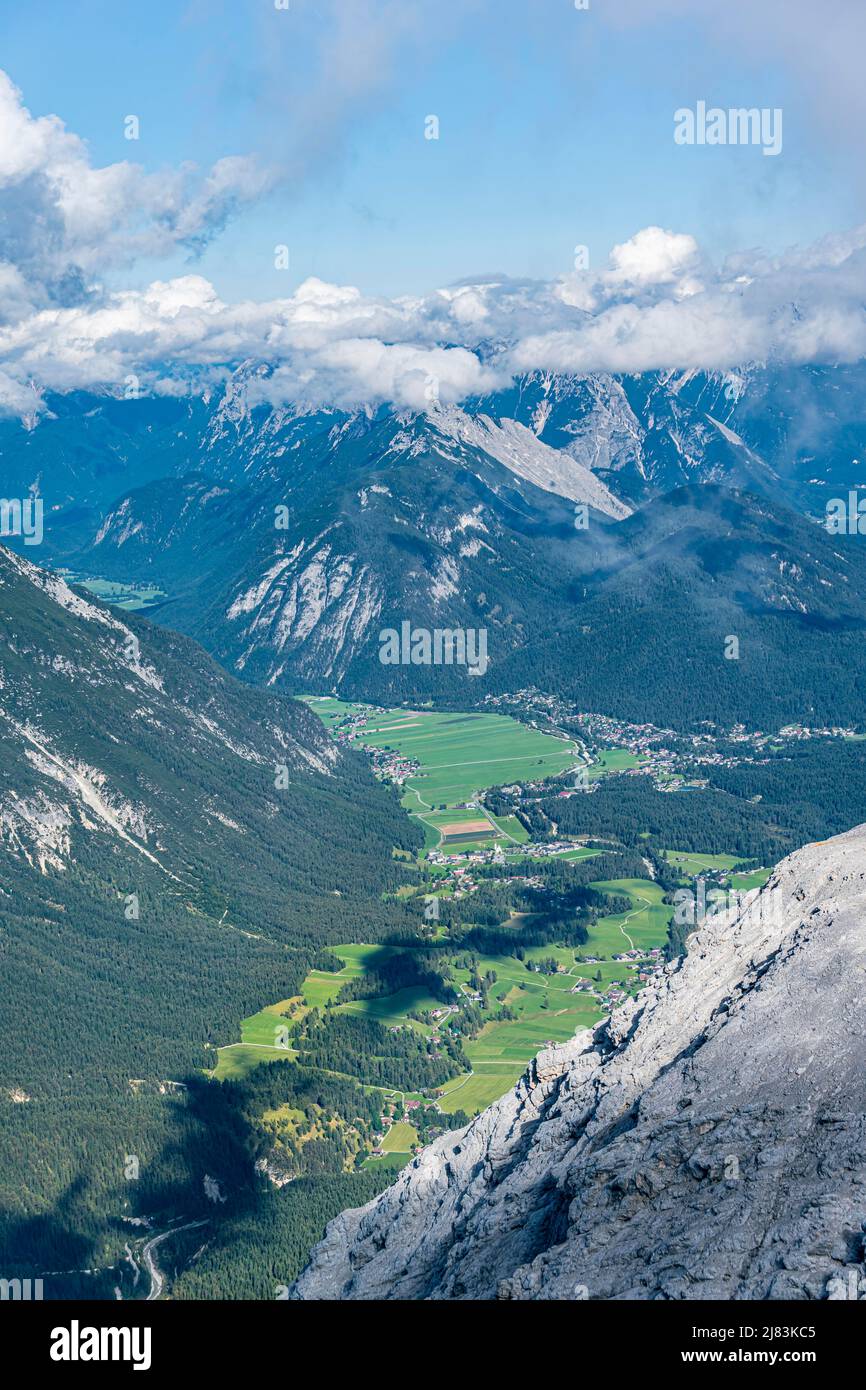 View over mountain valley, village of Leutasch, view from summit, Hohe ...