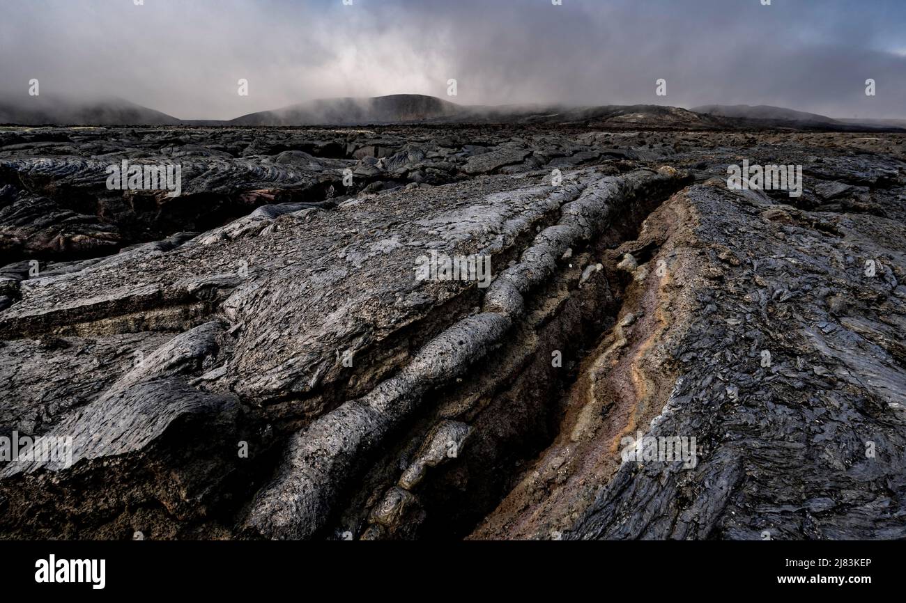 Petrified lava, volcanic rock in bizarre shapes, lava field, volcanic ...