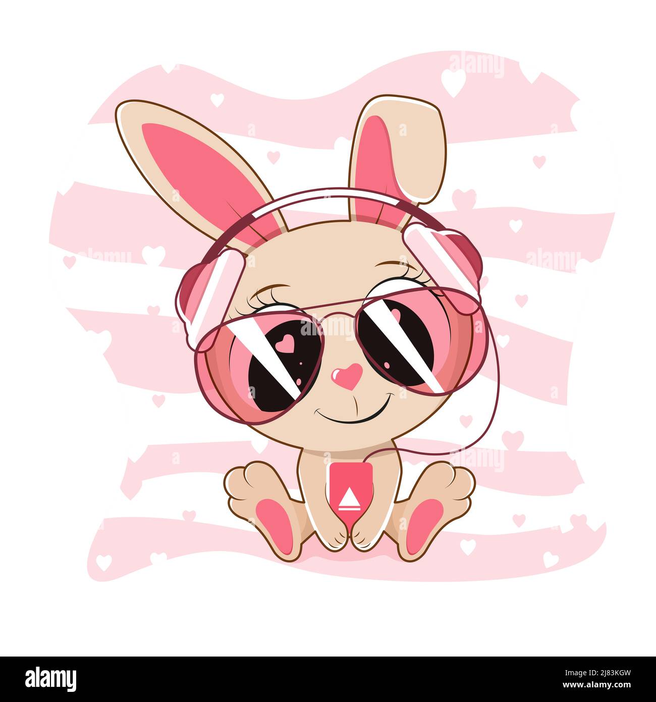Cute Cartoon Bunny sitting in sunglasses and headphones, listening to ...