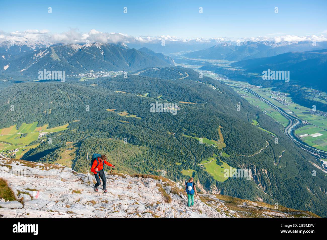 Hikers descending, Inn valley and mountain landscape, ridge walk, Hohe ...