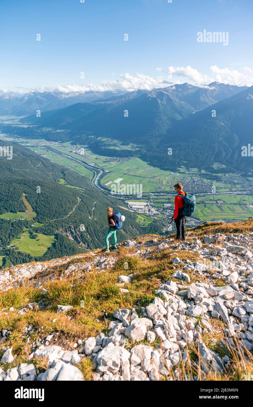 Hikers descending, Inn valley and mountain landscape, ridge walk, Hohe ...