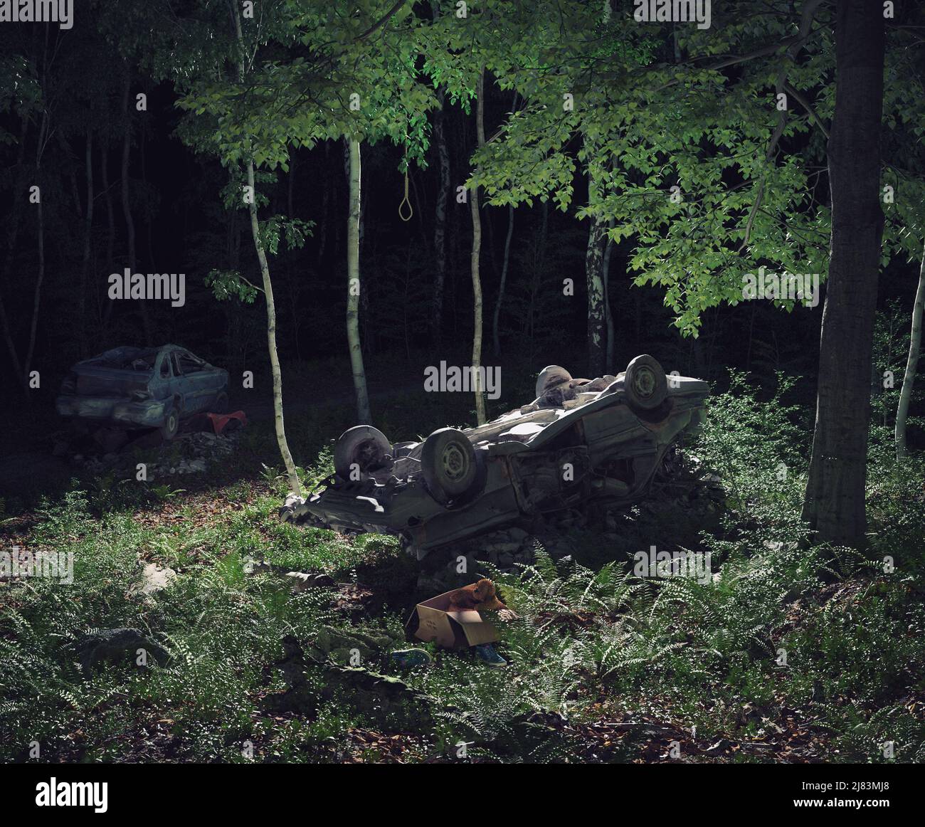 spooky night forest with car frame . 3d illustration Stock Photo - Alamy