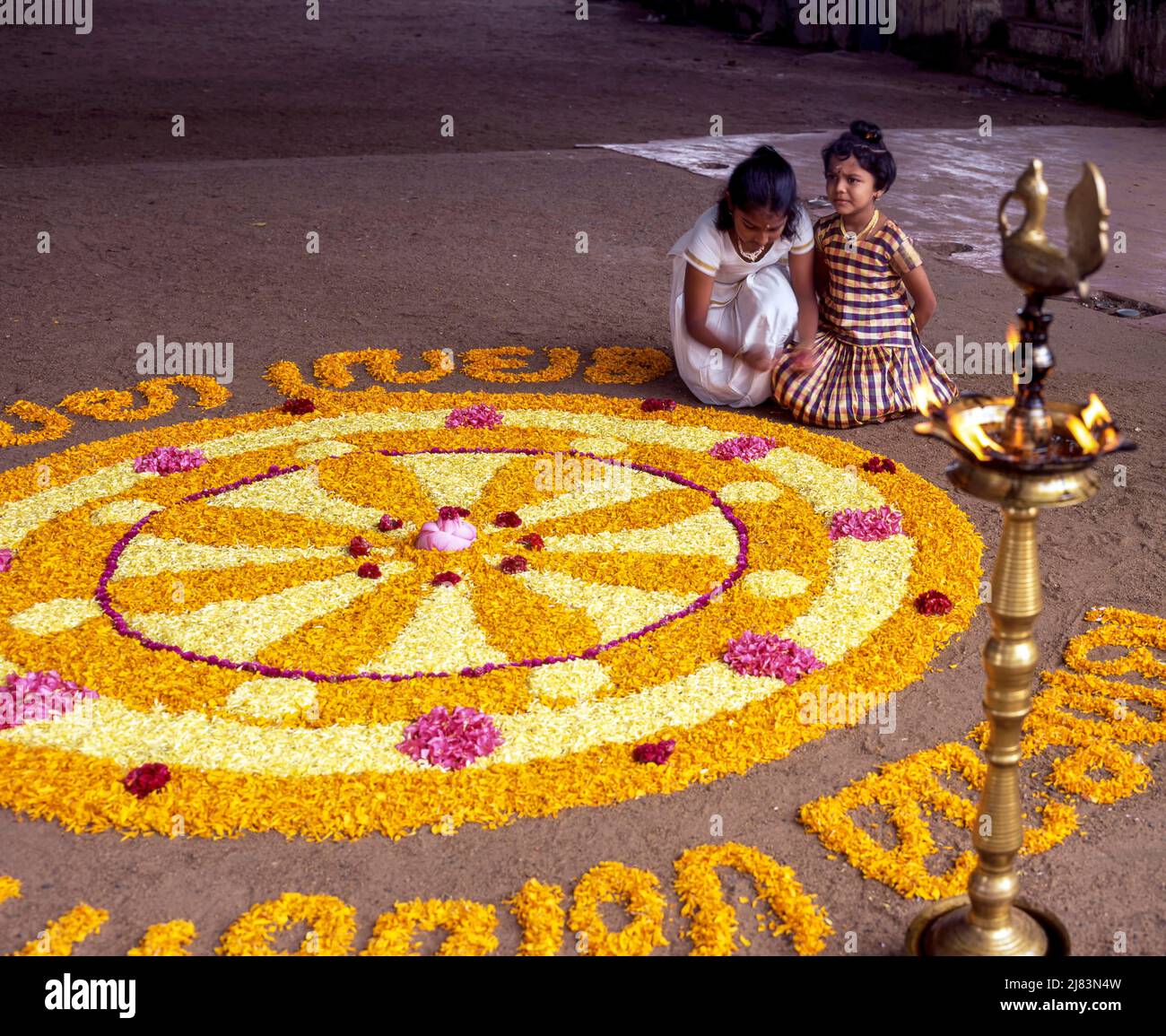 Pookalam, floral decoration during Onam festival in Kodungallur, Kerala ...