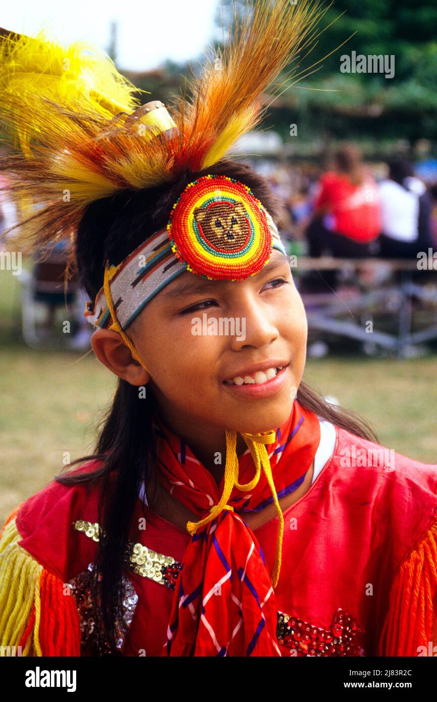 1990s SMILING 12 YR. OLD CHIPPEWA BOY WEARING BEADED & FEATHERED NATIVE ...