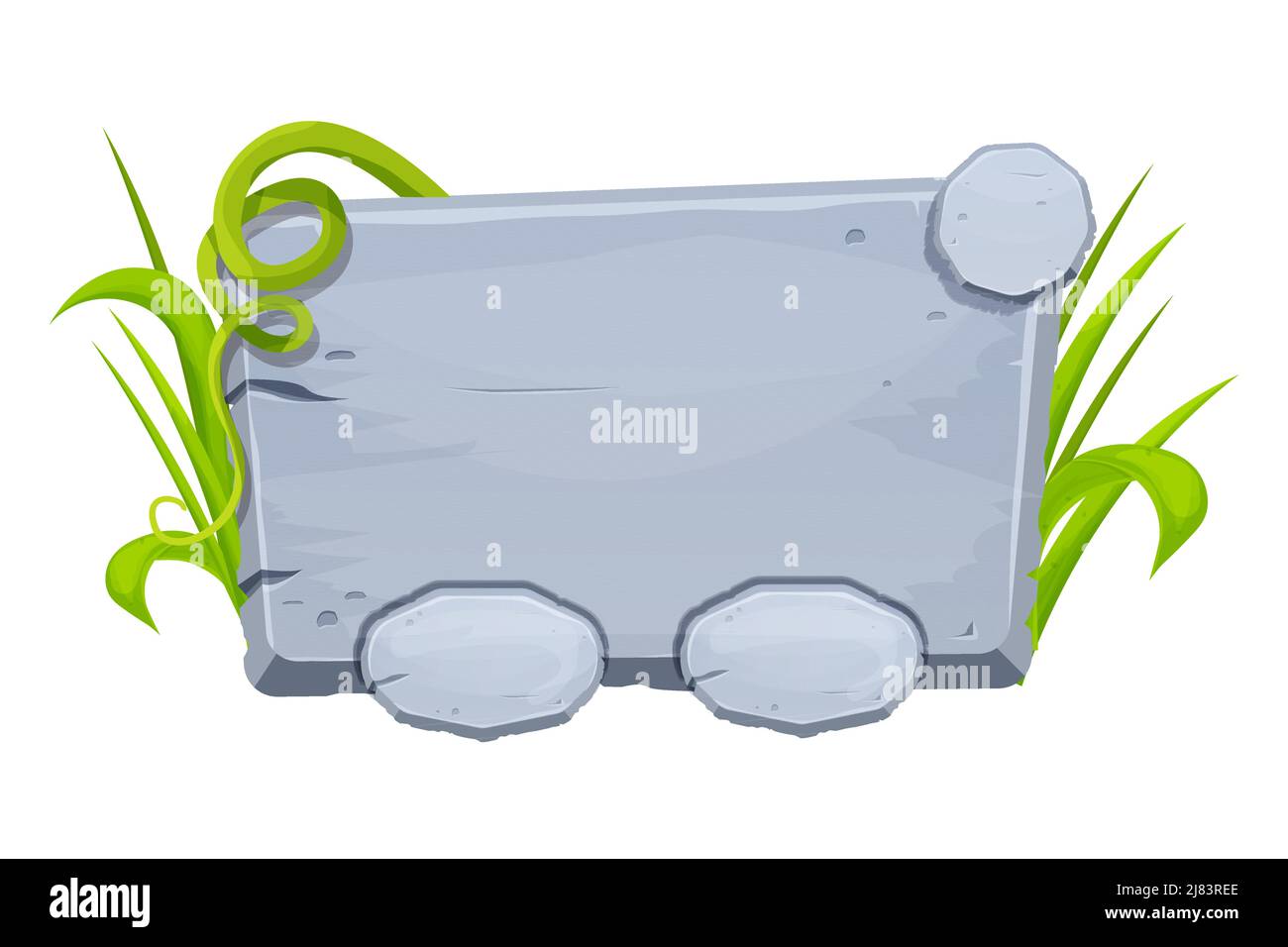 Jungle stone frame with grass and liana, user interface, menu board in comic cartoon style ...