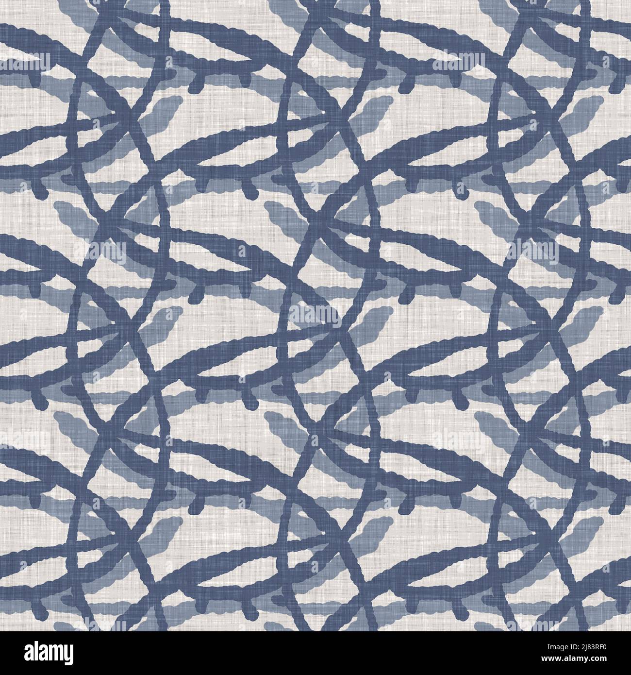 French blue doodle motif linen seamless pattern. Tonal country cottage ...