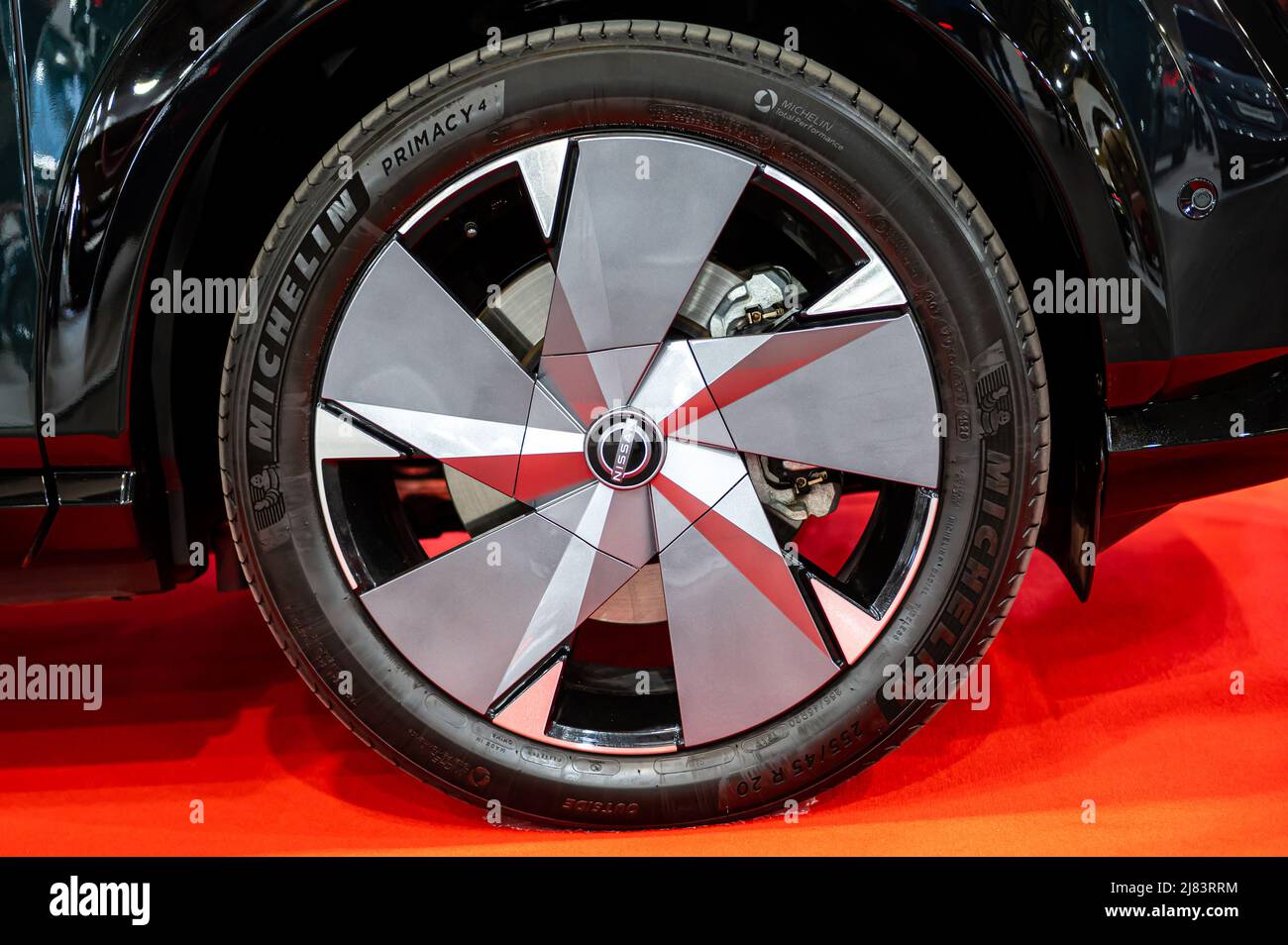 Riga, Latvia, April 29, 2022: Close-up of Nissan Ariya wheel ...