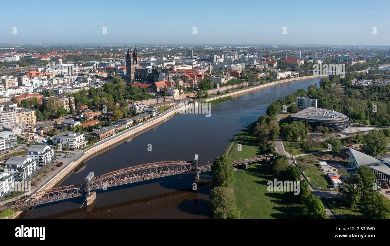Bird's eye view of Magdeburg, Elbe, lift bridge, cathedral, Magdeburg ...