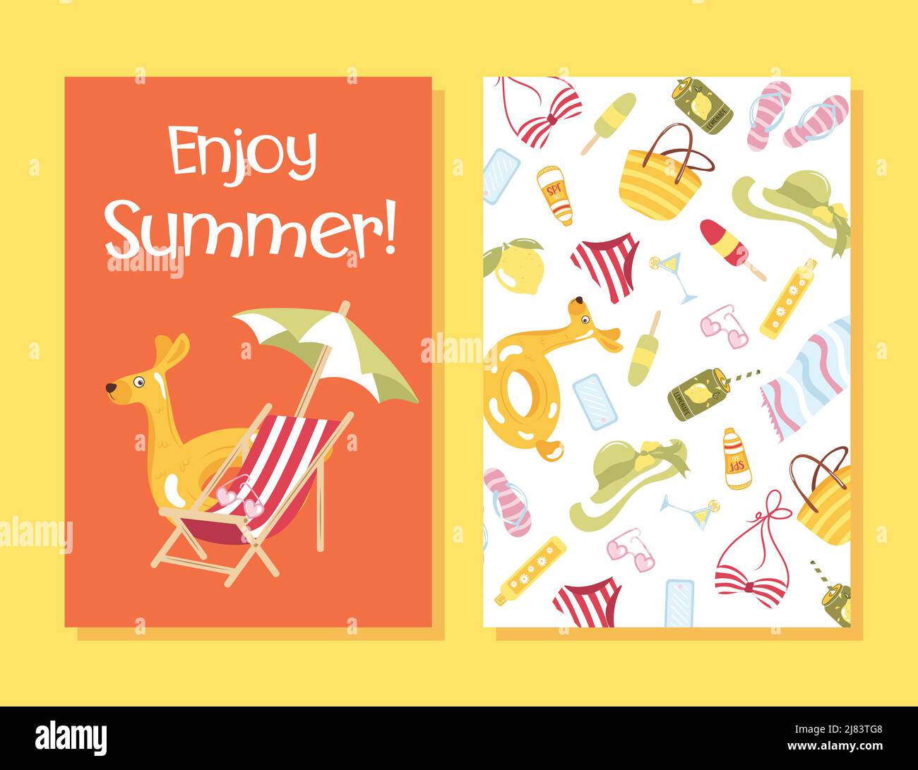 Vector set of bright summer cards. Posters with lemon, beachwear ...