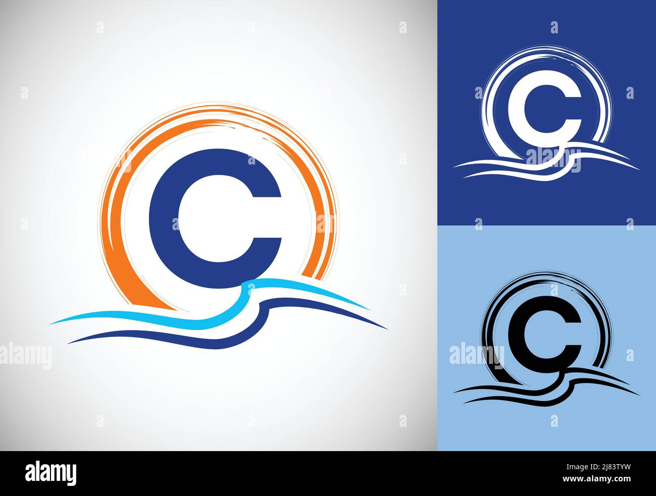 Initial C monogram letter with water ocean waves and the sun. Beach ...