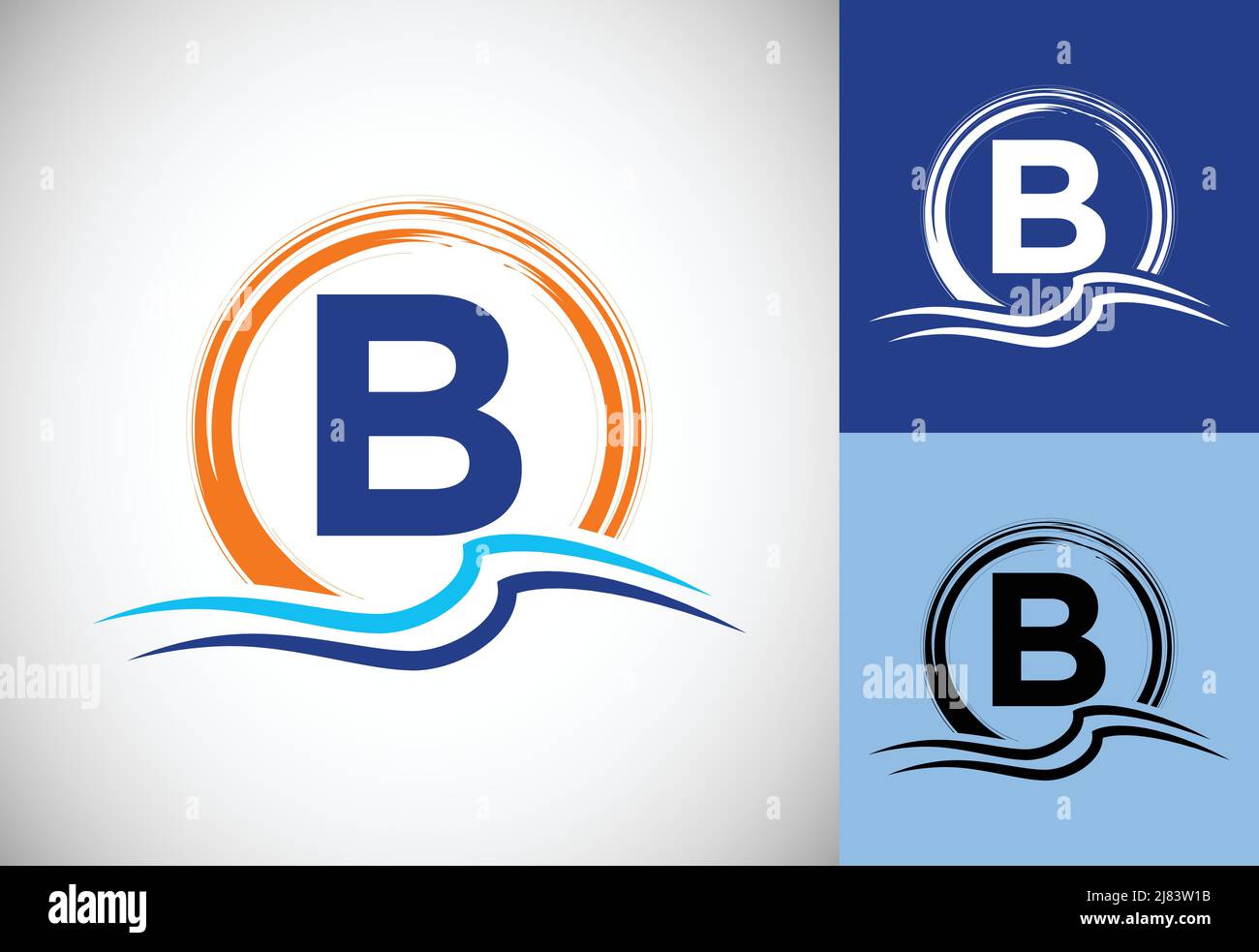 Initial B monogram letter with water ocean waves and the sun. Beach ...