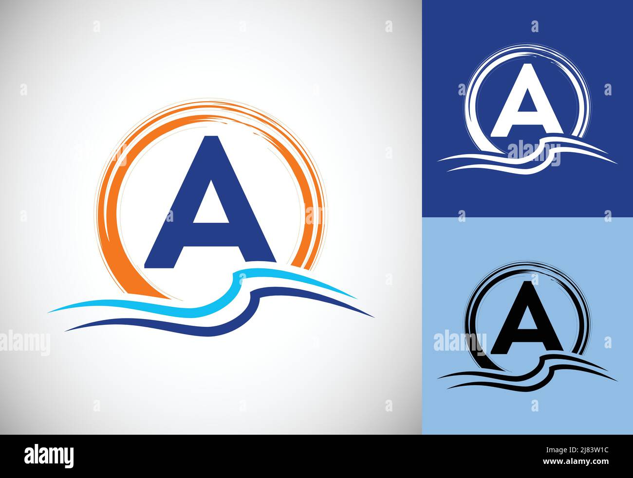 Initial A monogram letter with water ocean waves and the sun. Beach ...