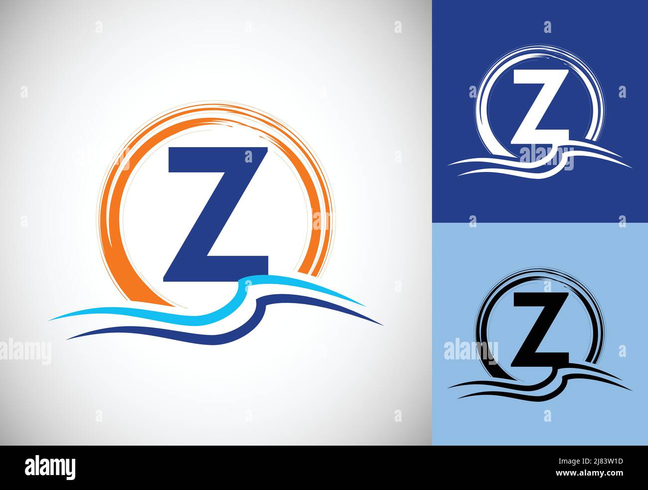 Initial Z monogram letter with water ocean waves and the sun. Beach ...