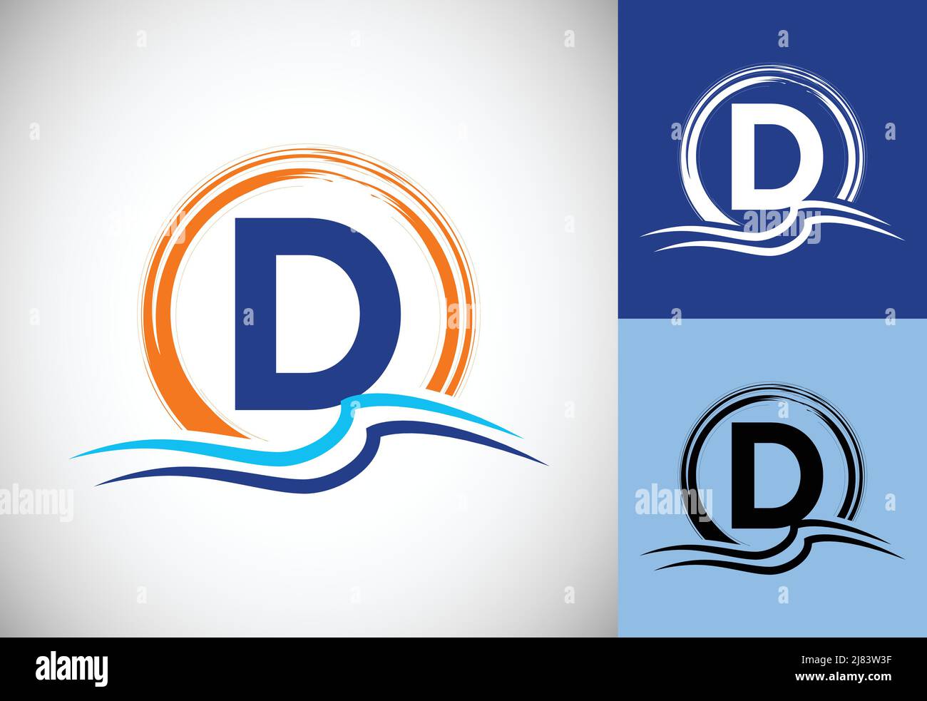 Initial D monogram letter with water ocean waves and the sun. Beach ...