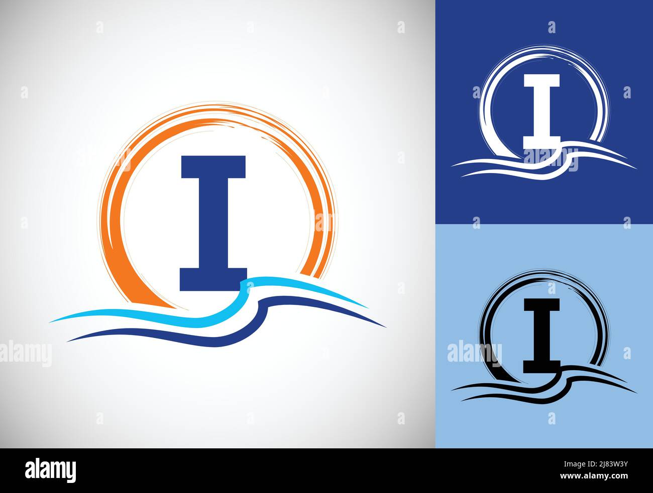 Initial I monogram letter with water ocean waves and the sun. Beach ...