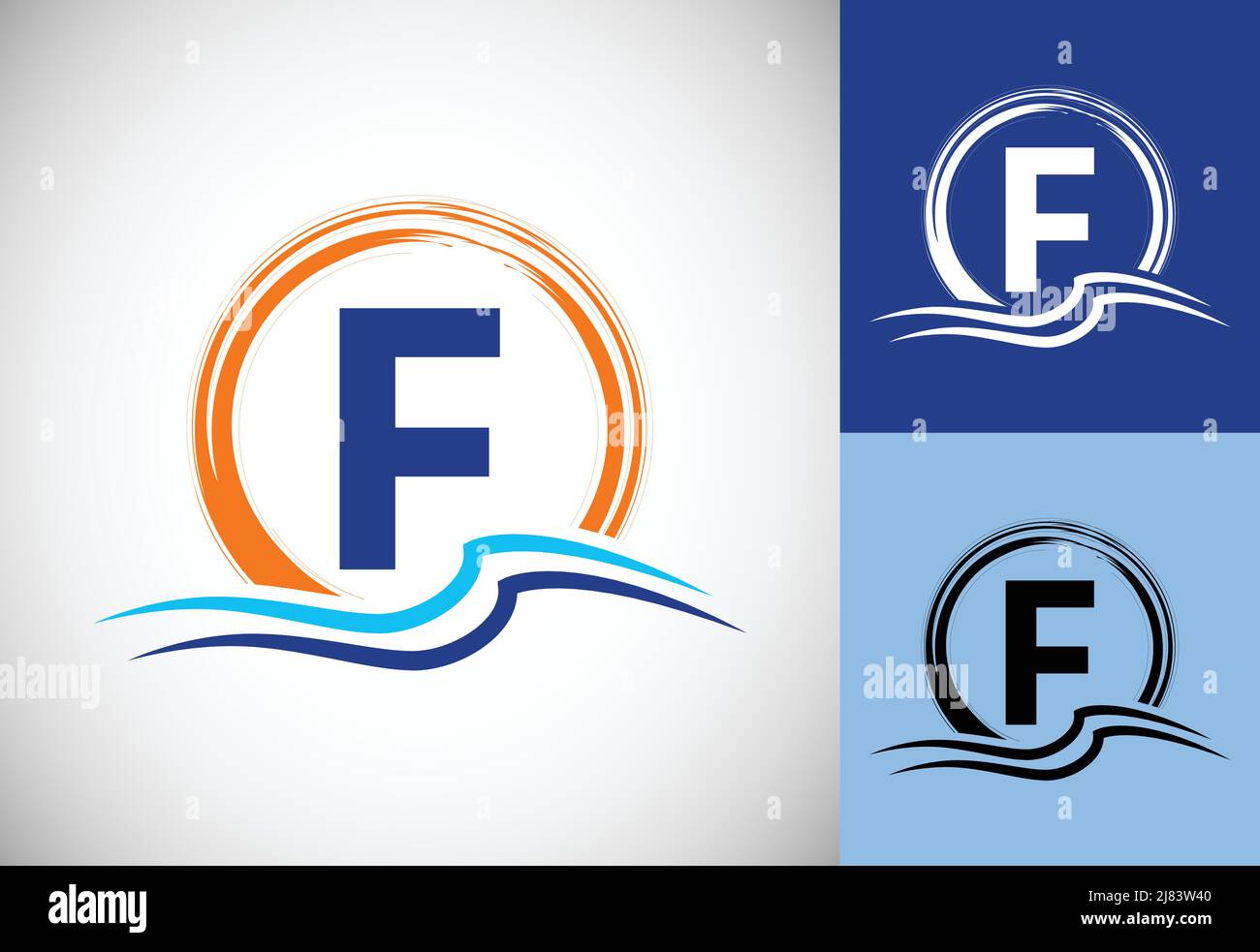 Initial F monogram letter with water ocean waves and the sun. Beach ...