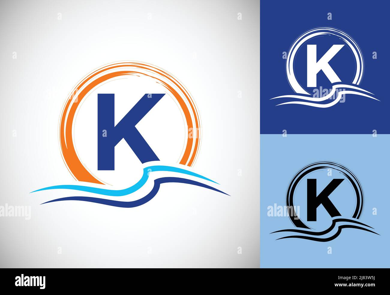 Initial K monogram letter with water ocean waves and the sun. Beach ...