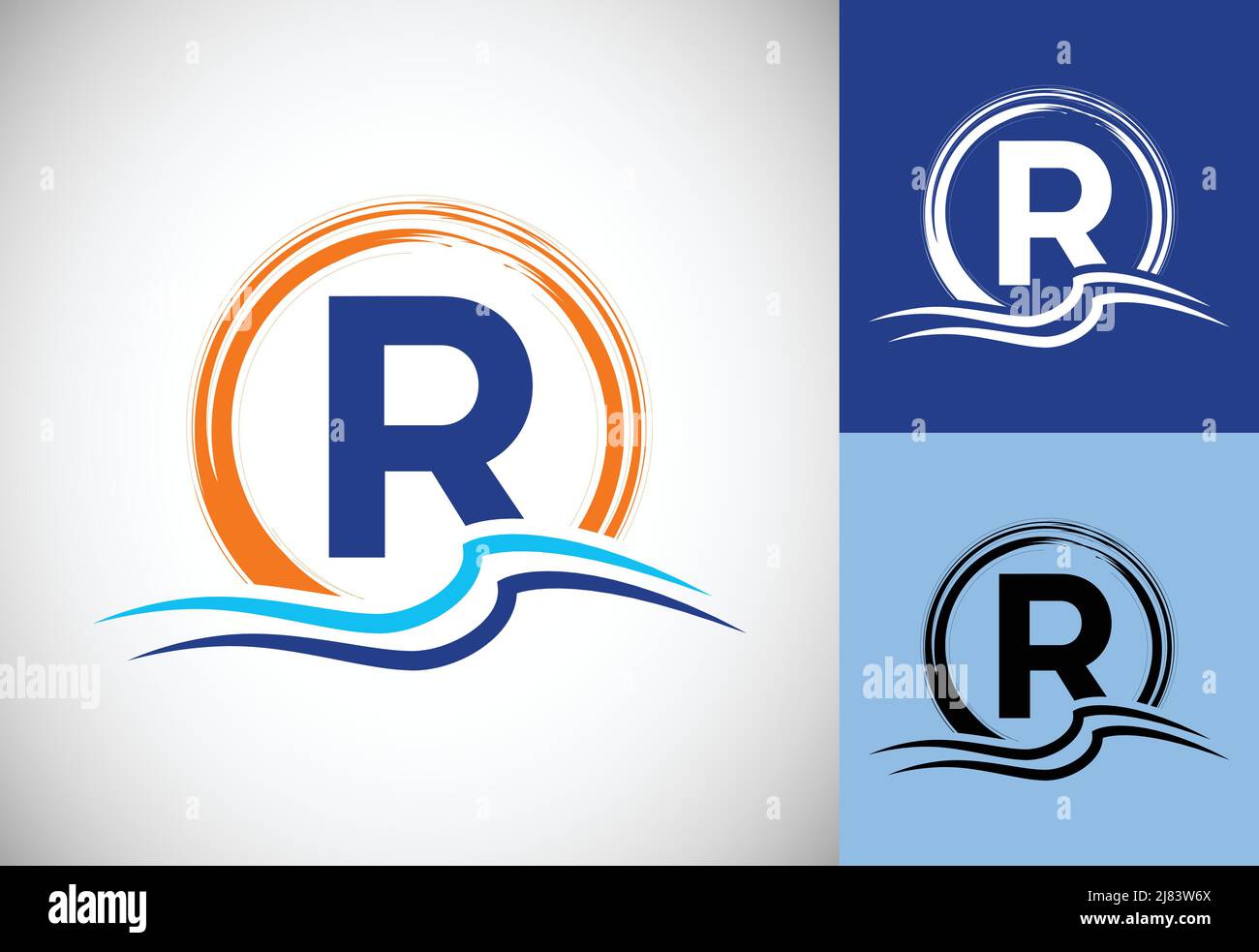 Initial R monogram letter with water ocean waves and the sun. Beach ...