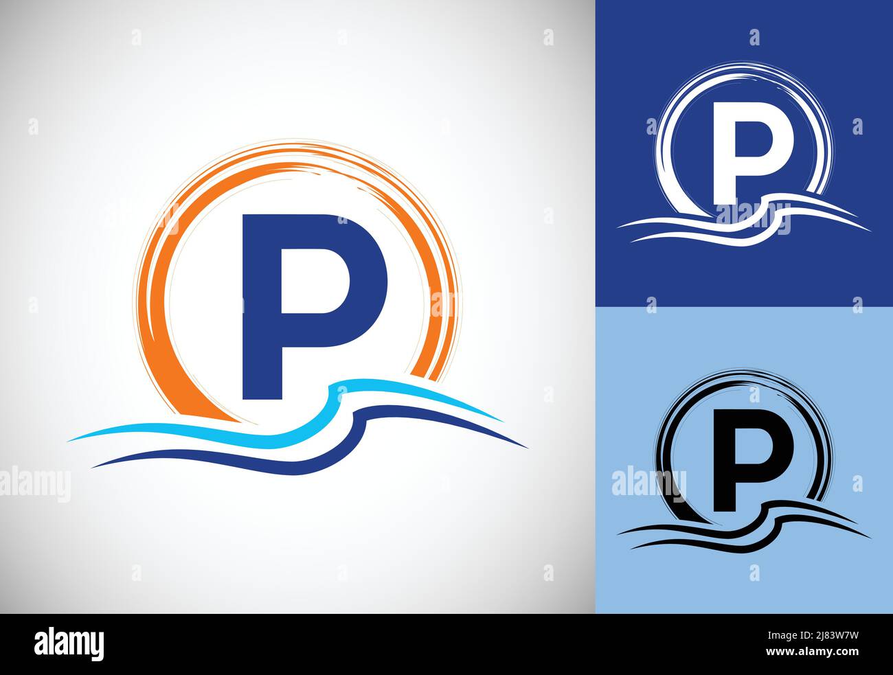 Initial P monogram letter with water ocean waves and the sun. Beach ...
