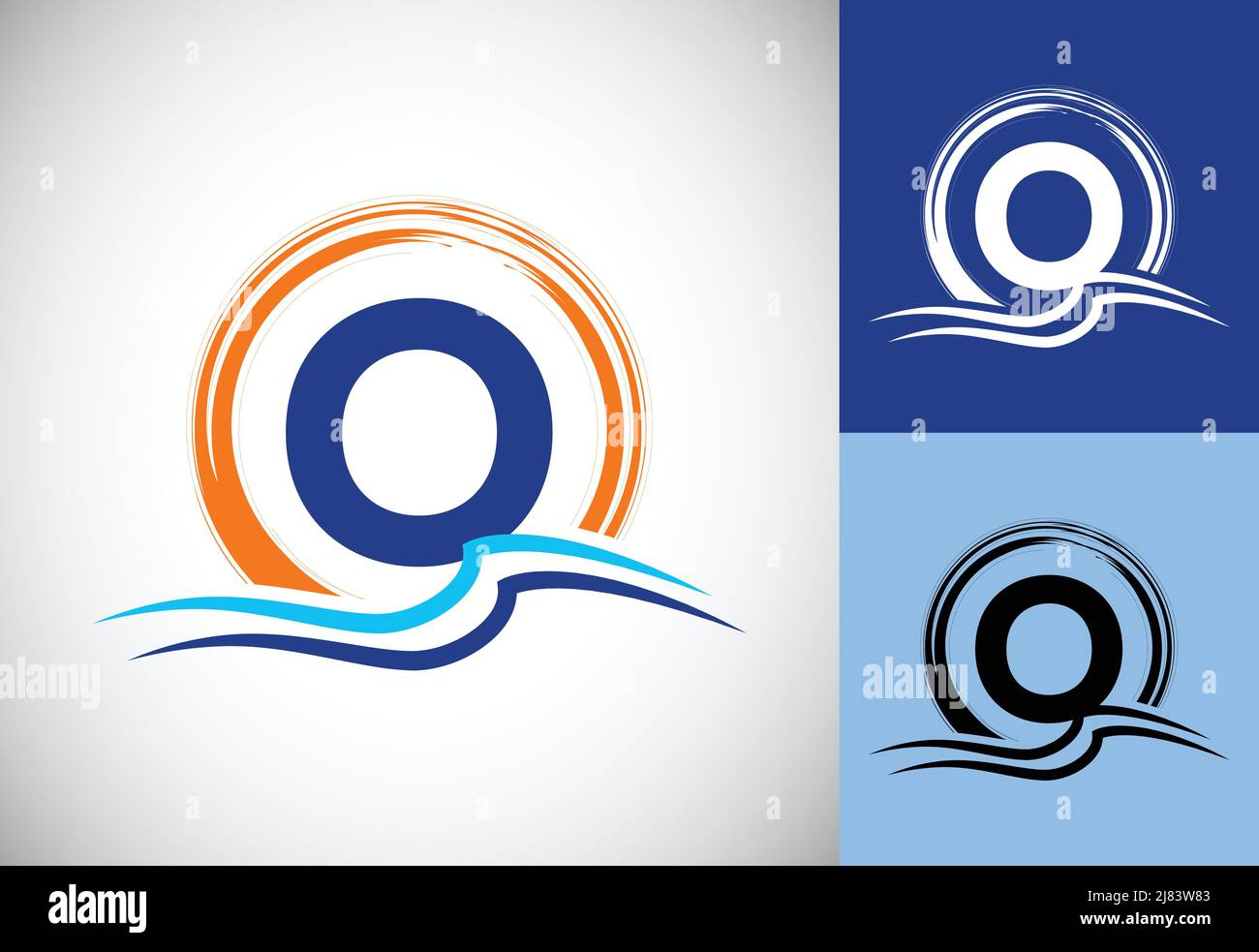 Initial O monogram letter with water ocean waves and the sun. Beach ...